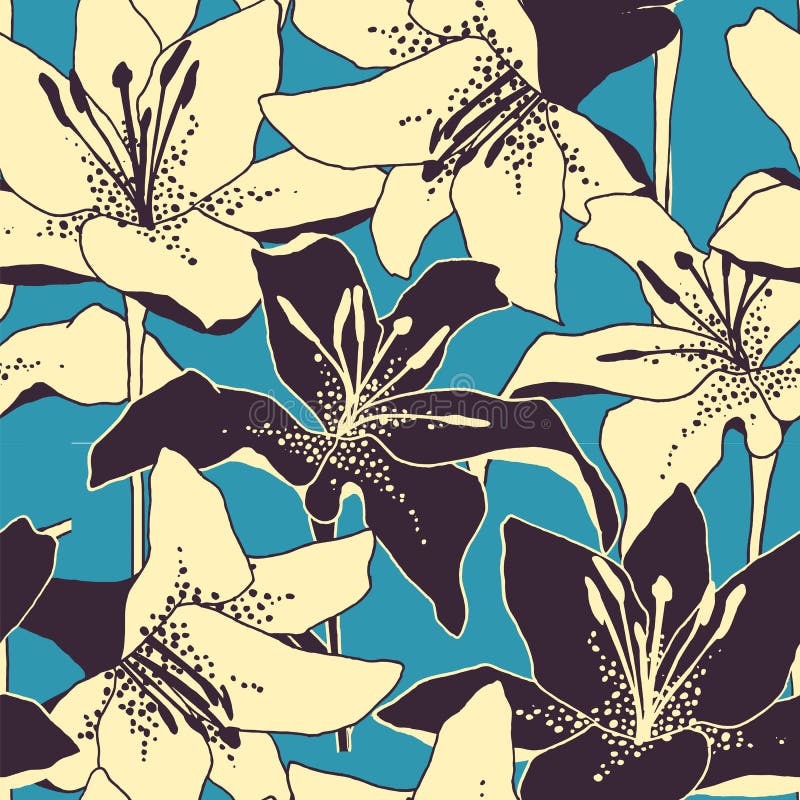 Seamless Vector Retro Pattern with Hand Drawn Lily Flowers. Design for ...