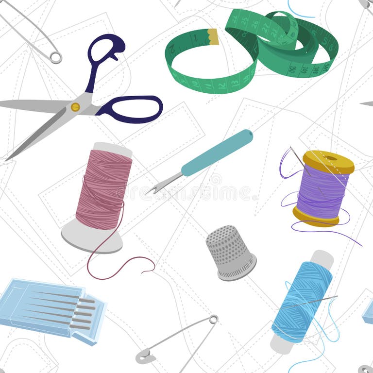 Seamless Vector Sewing Pattern with Paper Patterns and Sewing Tools ...