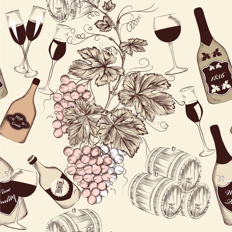 Beige Seamless Patterns with Red Wine Set, Cask, Glass, Grapes, Stock ...