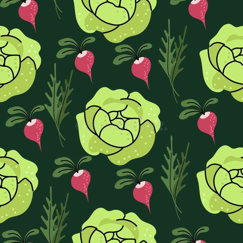 Seamless Vegetable Pattern with Cabbage and Radish Stock Illustration ...