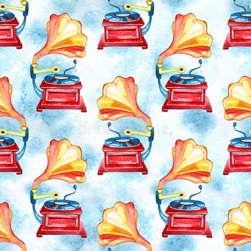 Seamless Vintage Gramophone Pattern. Watercolor Illustration Background ...
