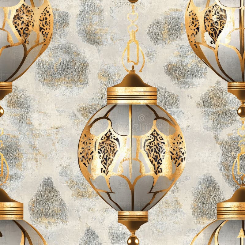 A Seamless Vintage Lantern Pattern with Golden Metallic Textures and ...