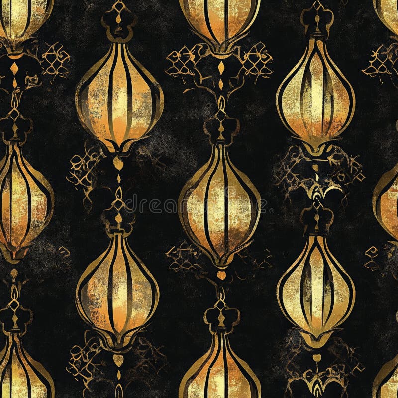 A Seamless Vintage Lantern Pattern with Golden Metallic Textures and ...