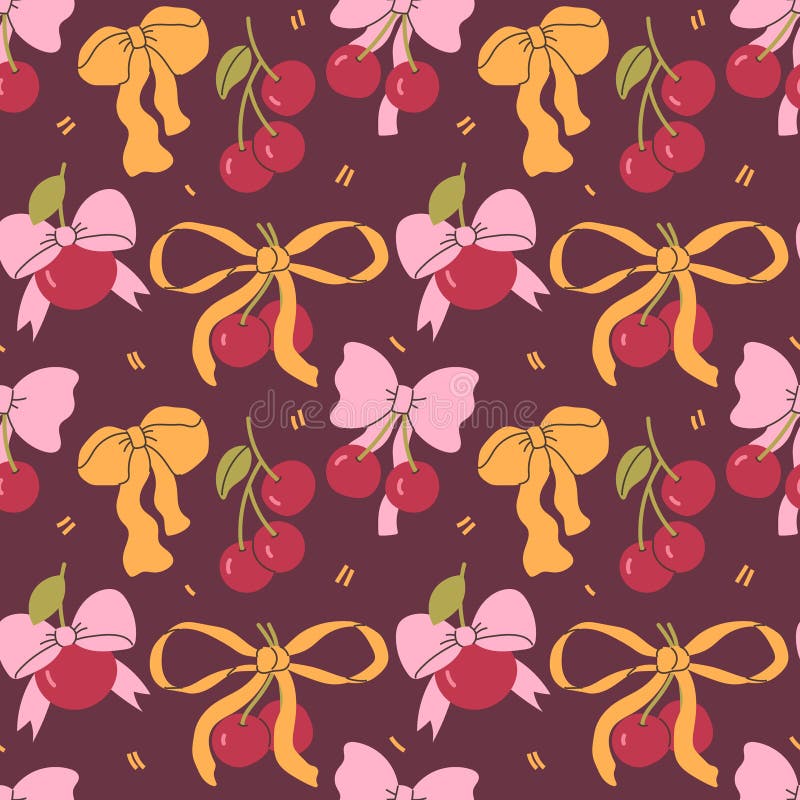 Seamless Vintage Pattern of Cherries and Hand Drawn Bows Stock ...
