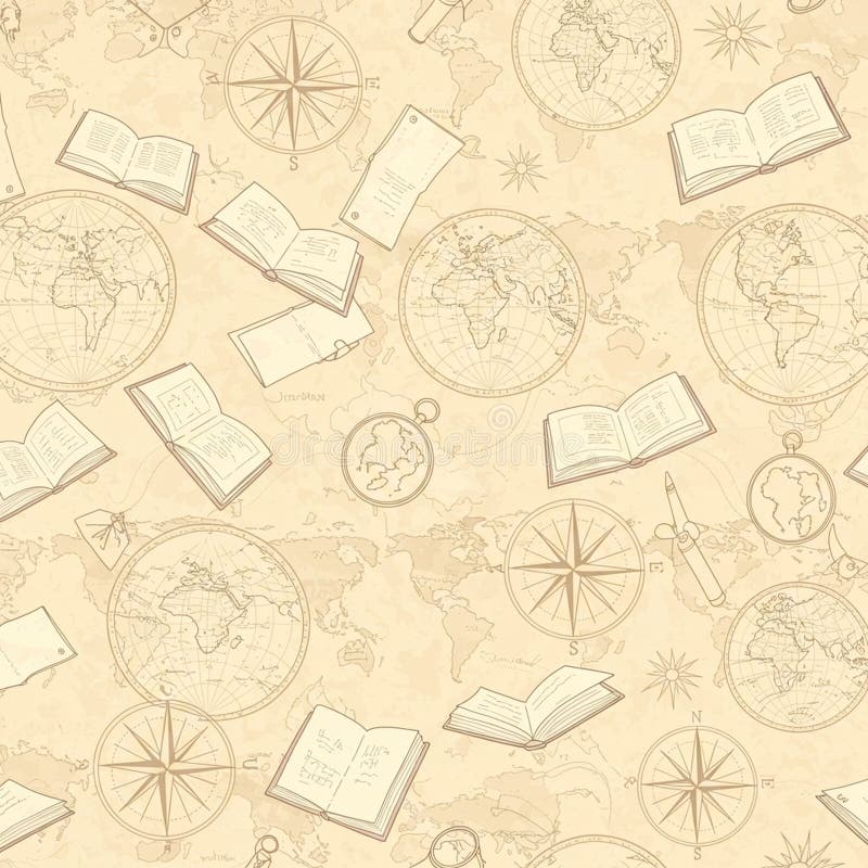 Seamless Vintage Pattern Featuring Detailed Illustrations of Globes ...