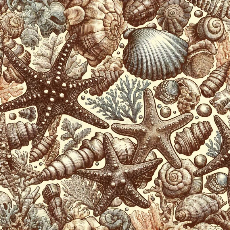 Seamless Vintage Pattern with Seashells, Corals and Starfish. Stock ...