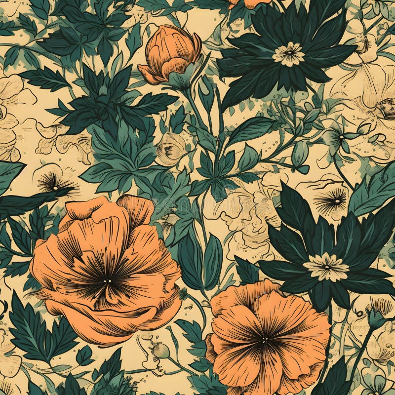 Seamless Vintage Retro Flower Pattern, Ai Generative Illustration Stock ...
