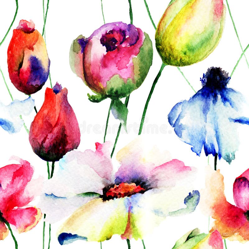 Seamless Wallpaper with Stylized Flowers Stock Illustration ...