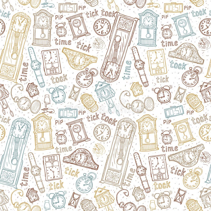 Seamless Watches Background. Vector Time Symbols. Hand-drawn ...