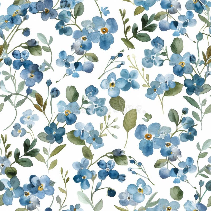 Seamless Watercolor Blue Floral Pattern for Spring Fabric Design Stock ...