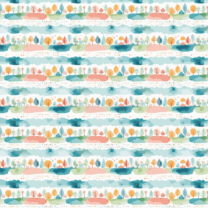 Seamless Watercolor Boho Landscape Pattern with Trees and Houses in ...