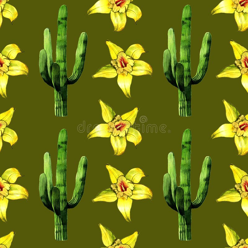 Seamless Watercolor Cactus Pattern on Paper Texture. Stock Illustration ...