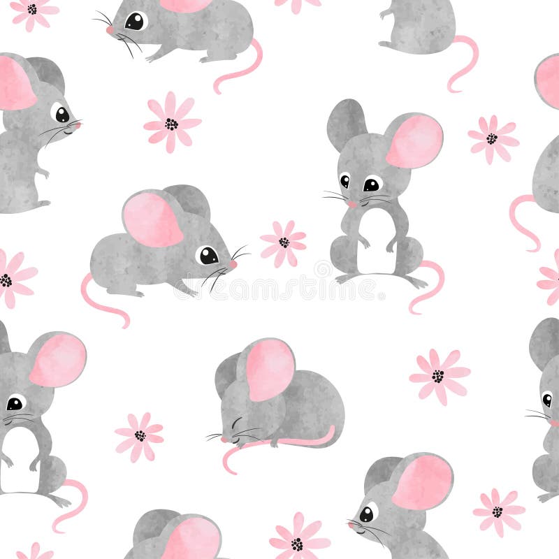 Seamless Watercolor Cute Mice Pattern. Vector Mouse Background Stock ...