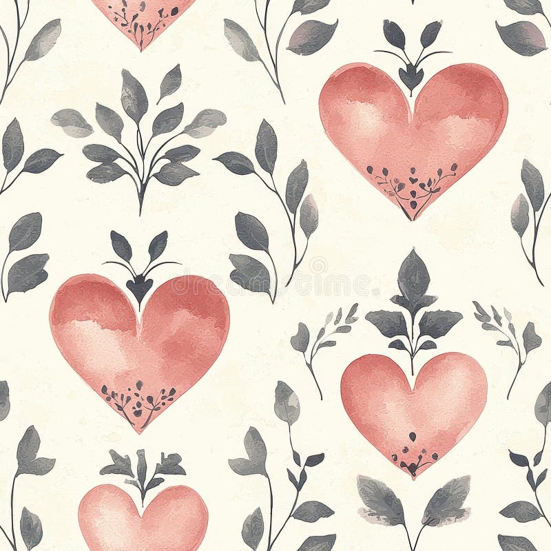 Seamless Watercolor Heart Pattern with Floral Elements on Light ...