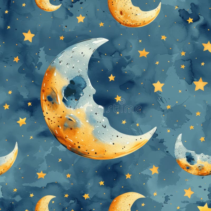 Seamless Watercolor Moon and Stars Pattern on Light Blue Background ...