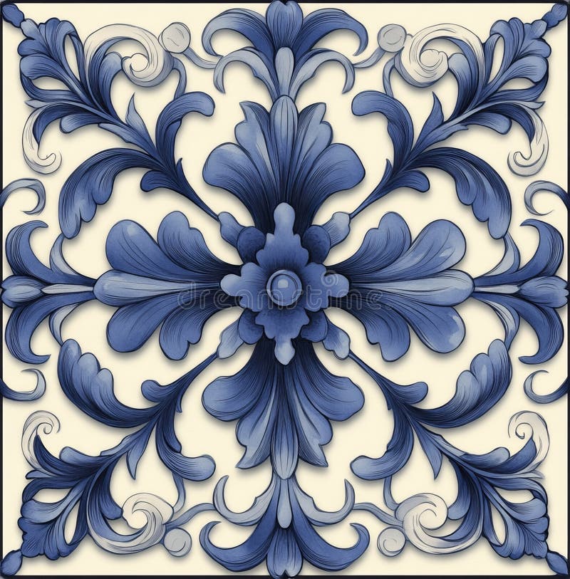 Seamless Watercolor Moroccan Tile Featuring an Indigo Blue Flower of ...