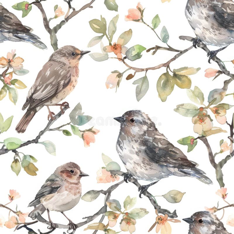 Seamless Watercolor Pattern with Bird Illustrations in Graceful Pastel ...