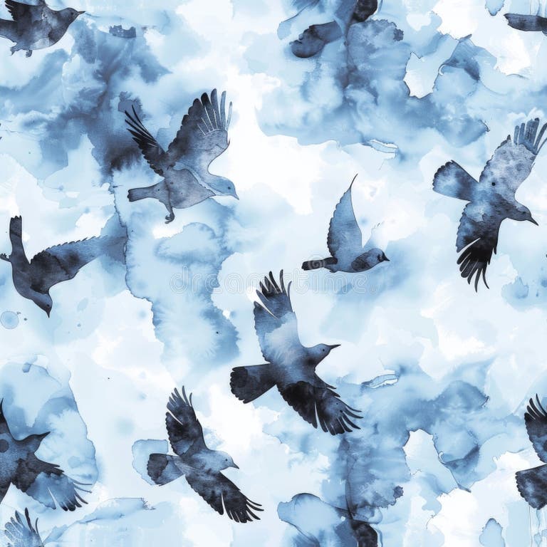Seamless Watercolor Pattern with Birds in Flight on a Serene Sky ...