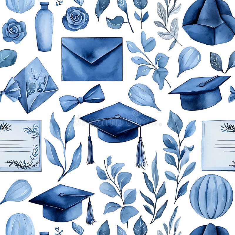 Seamless Watercolor Pattern Blue Graduation and Botanical Elements a ...