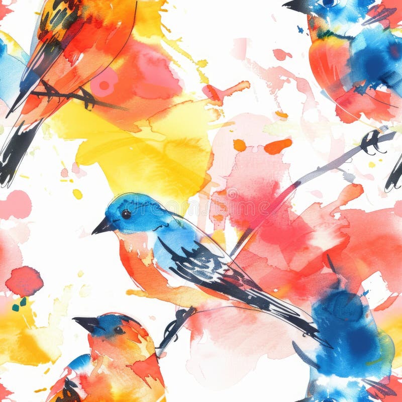 Seamless Watercolor Pattern with Bold Bird Illustrations and Abstract ...
