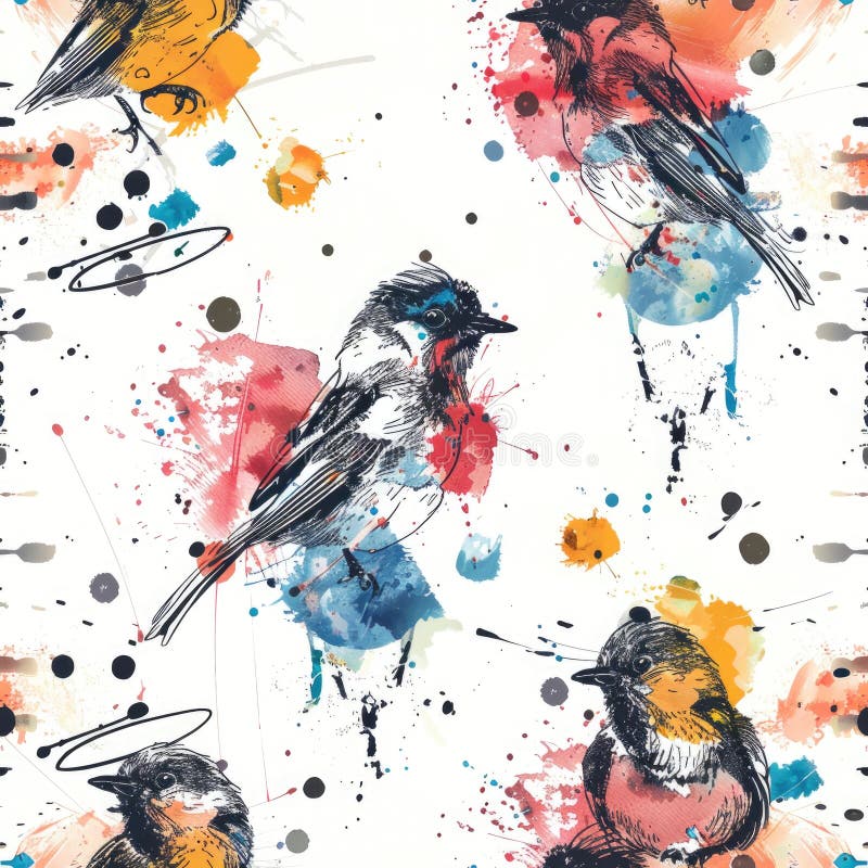 Seamless Watercolor Pattern with Bold Bird Illustrations and Abstract ...