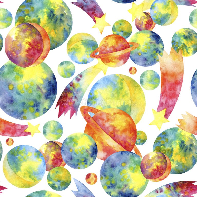 Seamless Watercolor Pattern of Cosmic Planets and Comets Stock ...