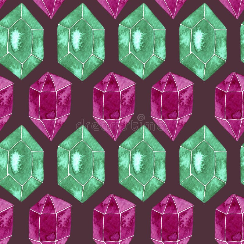 Seamless Watercolor Pattern Crystals Ruby and Emerald on Dark ...