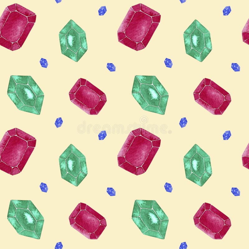 Seamless Watercolor Pattern Crystals Ruby and Emerald and Sapphire on ...