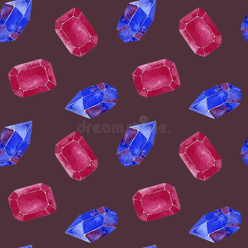 Seamless Watercolor Pattern Crystals Ruby and Sapphire on Dark ...