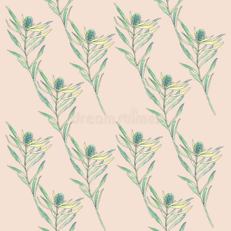 Seamless Watercolor Pattern with Grass and Leaves on a Pink Background ...