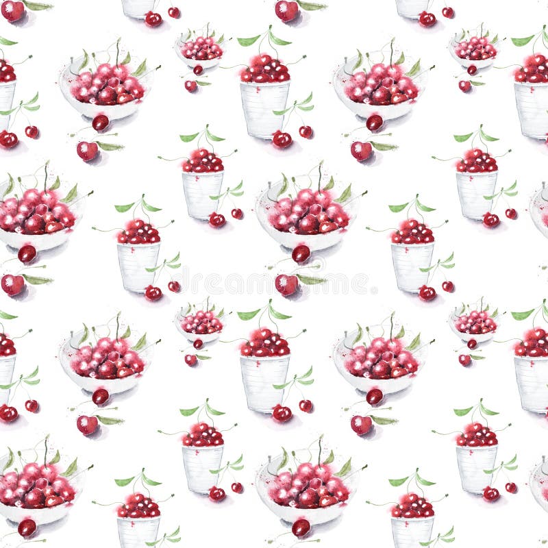 Seamless Watercolor Pattern with Hand Drawn Cherry Stock Illustration ...