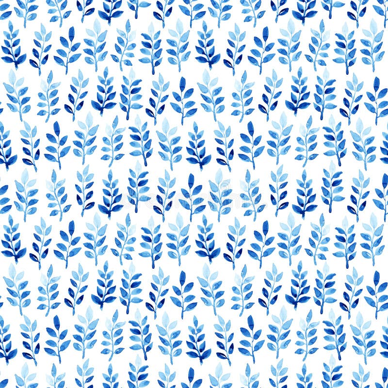 Seamless Watercolor Blue Pattern with Leaves Stock Illustration ...