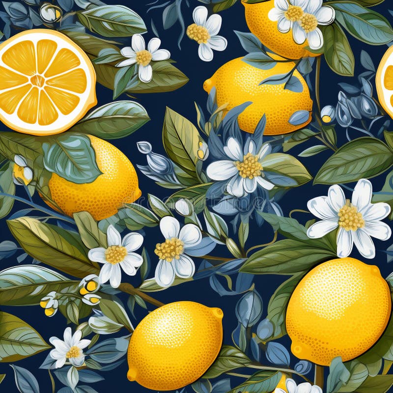 Seamless Watercolor Pattern with Lemons, Flowers, and Leaves on Dark Blue Background Stock ...