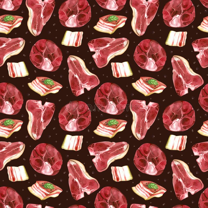 Seamless Watercolor Pattern. Meat on the Bone, Steak, Lard, Beef ...