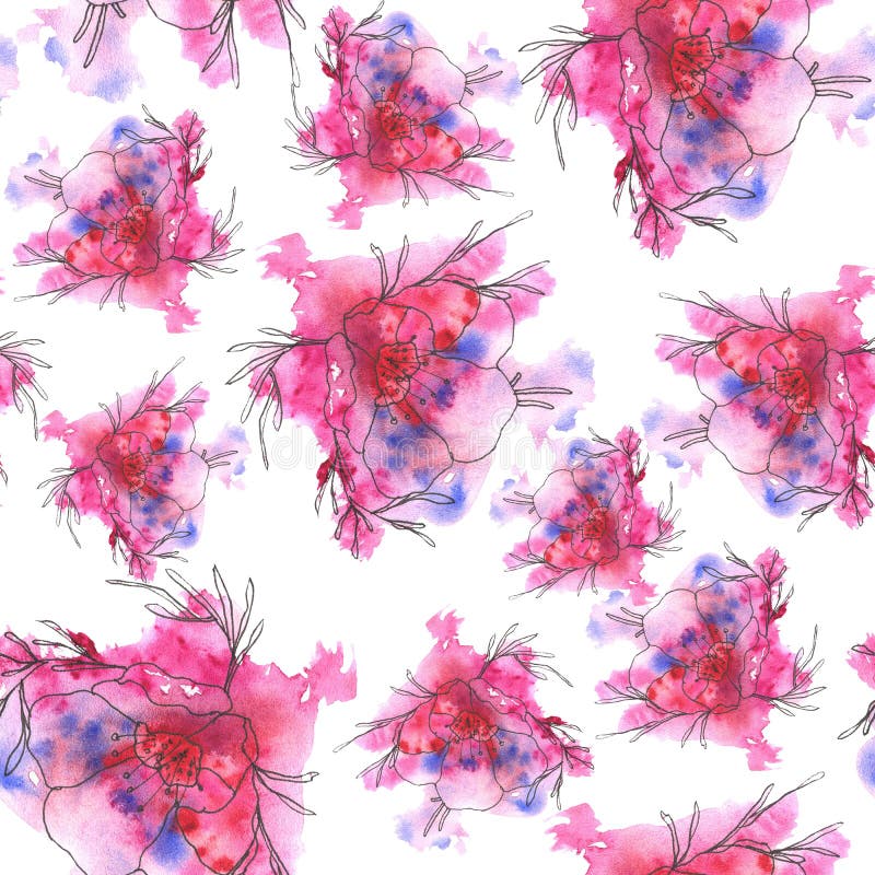 Seamless Watercolor Pattern with Painted Flowers in Pink Colors on a ...