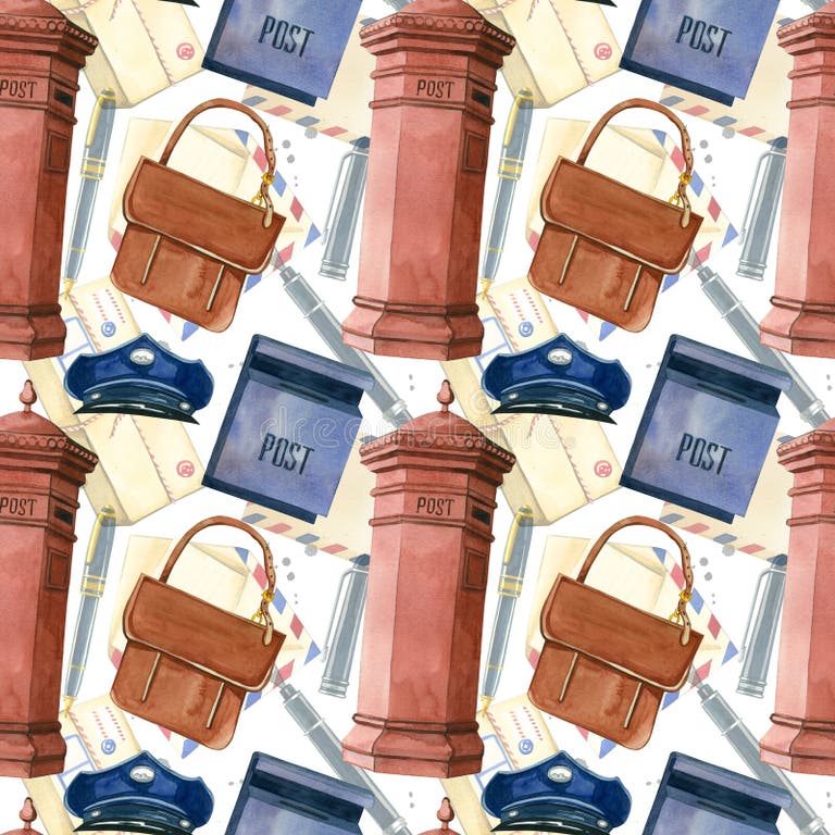 Seamless Watercolor Pattern, Post Day. Postman Cap, Post Pole, Letters ...