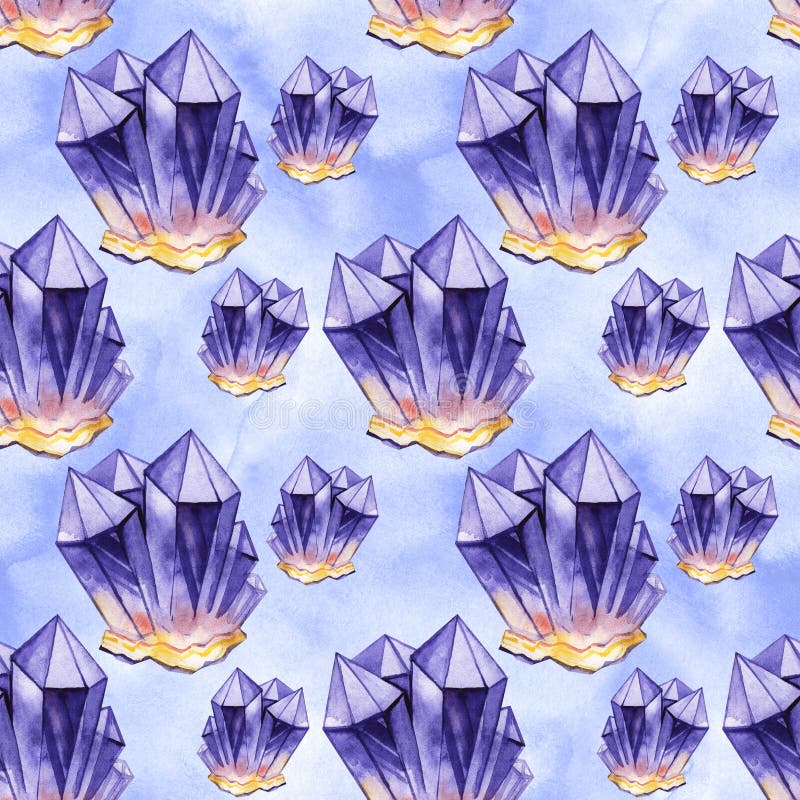 Seamless Watercolor Pattern. Purple Crystals. Hand Drawn. Stock Image ...
