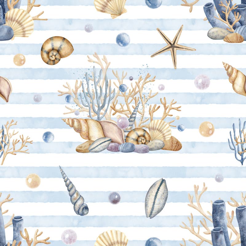 Seamless Watercolor Pattern With Seashells Coral Reefs And Bubbles On