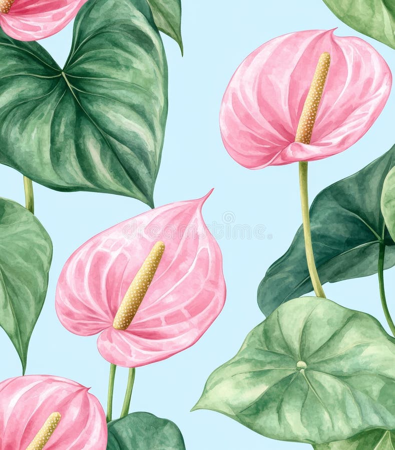 Seamless Watercolor Pattern Showcasing Anthuriums Stock Photo - Image ...