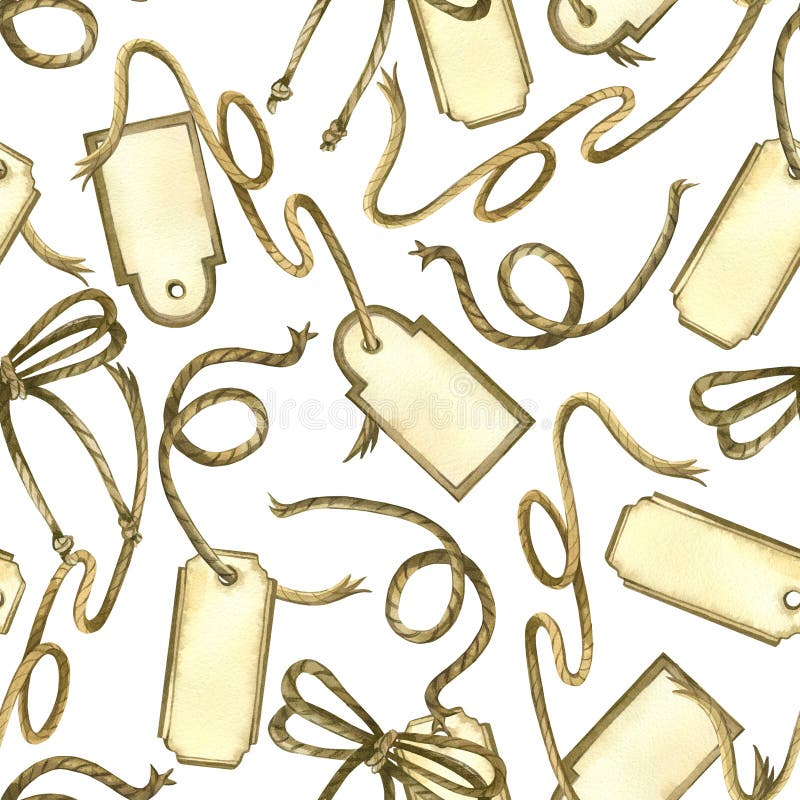 Seamless Watercolor Pattern. Tags and Labels, Tags, Ropes and Bows Made ...