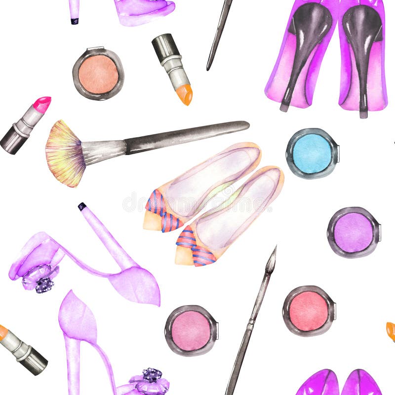 Seamless Watercolor Pattern with the Women S Shoes and Make Up Objects ...