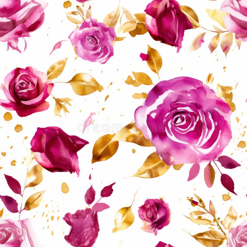 Seamless Watercolor Pink Roses and Gold Leaves Pattern Design ...