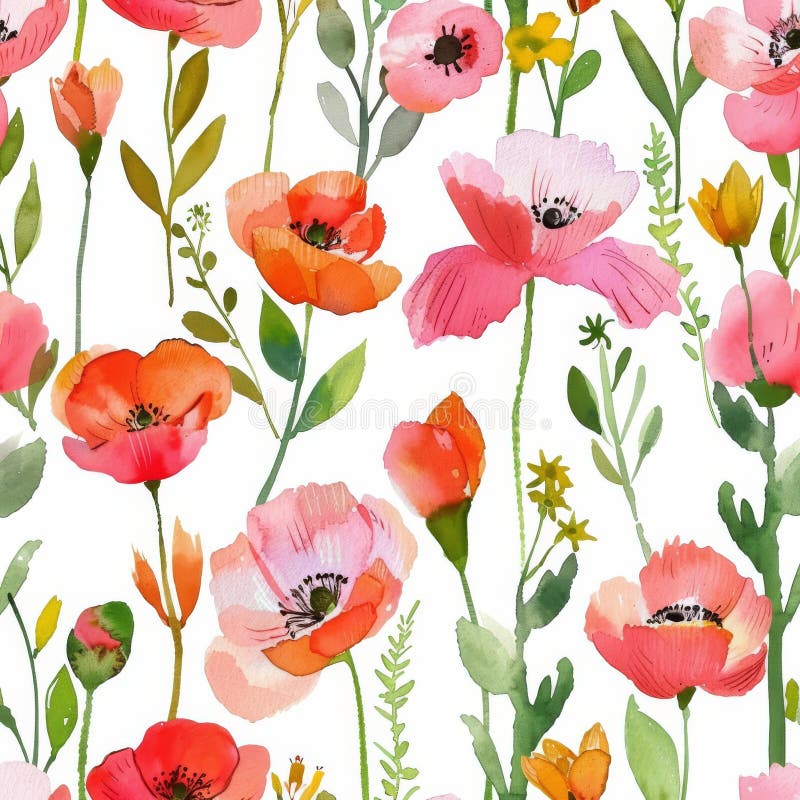Seamless Watercolor Poppy Flower Pattern on White Background Stock ...