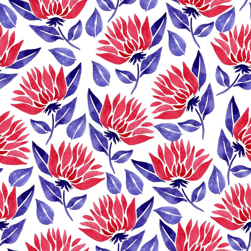 Seamless Watercolor Spring Flower Pattern. Pink Open Buds and Purple ...