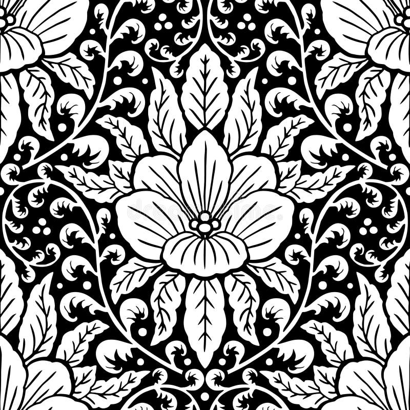 Seamless White Damask Pattern on a Black Background. Stock Illustration ...