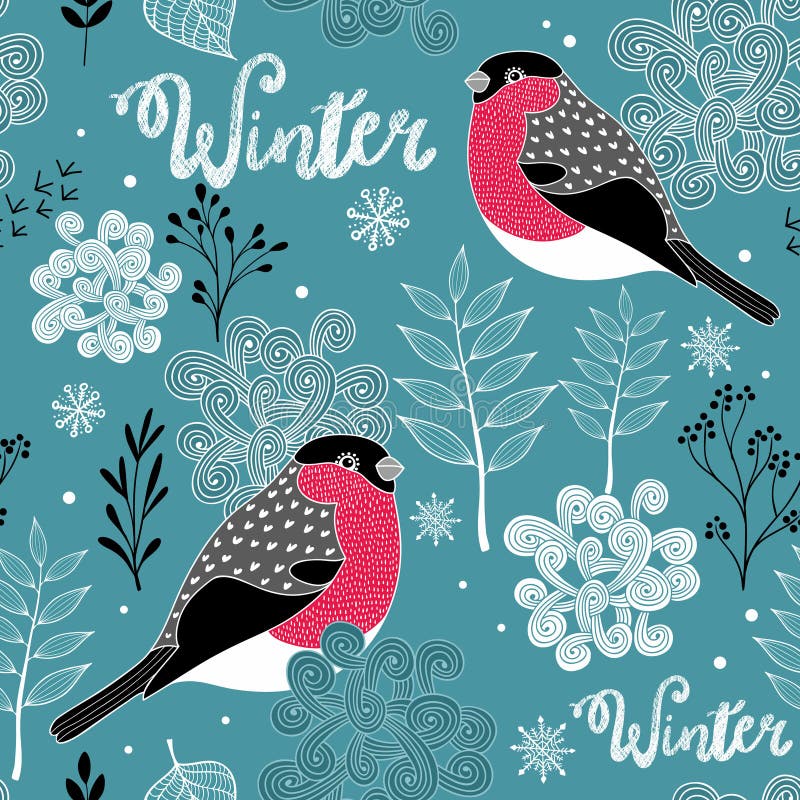 Winter Birds and Frozen Flowers Seamless Pattern. Stock Vector ...