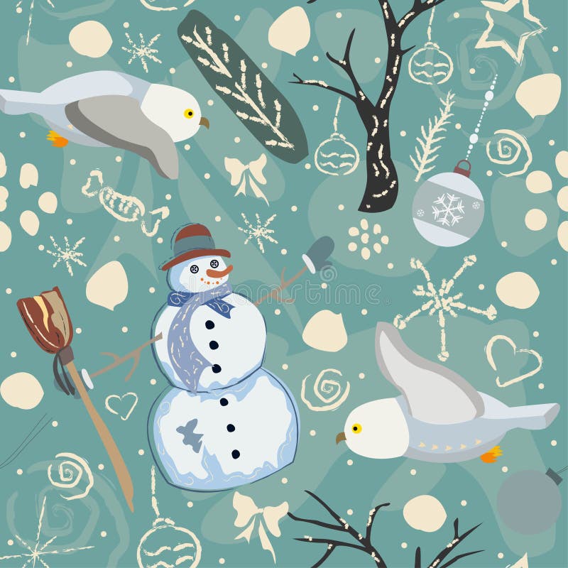 Seamless Winter Pattern with Snowman and Owls. Vector Illustration ...