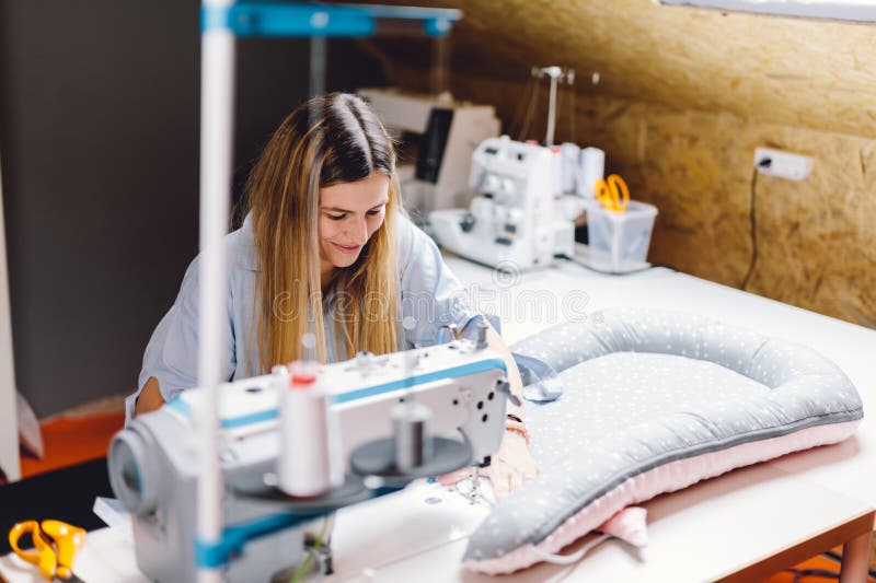 Seamstress Dressmaker Woman Working with Sewing Machine in Workshop ...