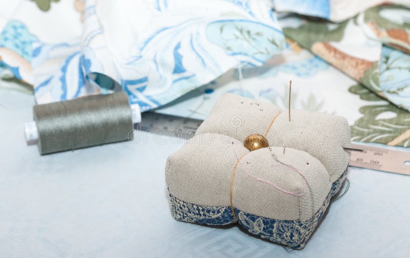 Seamstress Hands at Work, Threads and Needles Stock Image - Image of ...