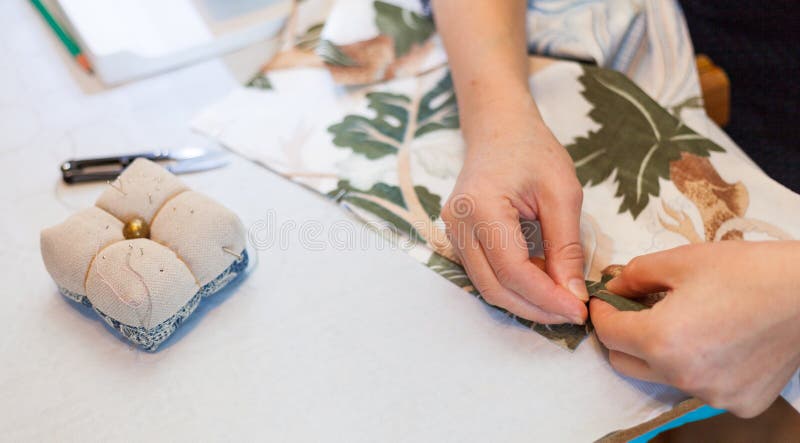 Seamstress Hands at Work, Threads and Needles Stock Image - Image of ...
